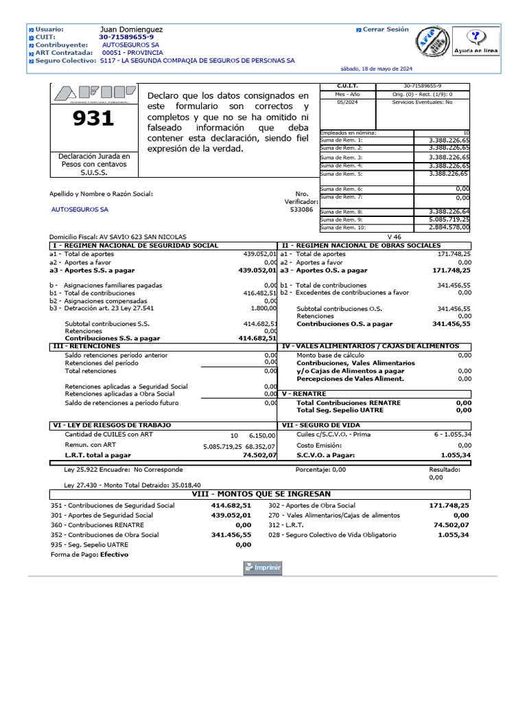 Anexo 1. Formulario F.931 | PDF