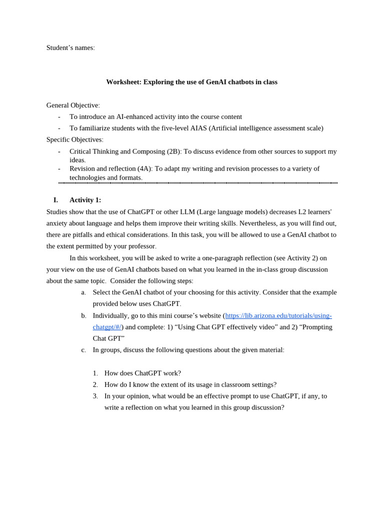 Worksheet - Exploring The Use of GenAI Chatbots in Class | PDF ...