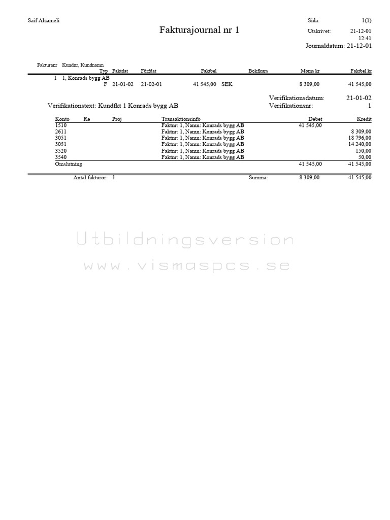 Fakturajournal NR 1 | PDF
