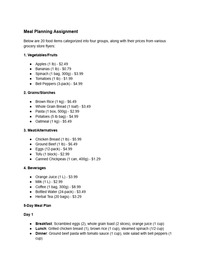 Meal Planning Assignment | PDF | Lunch | Meal