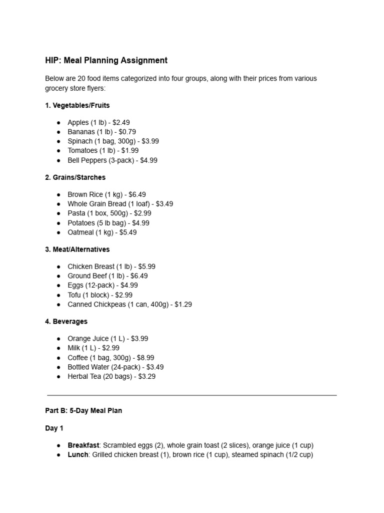 5-Day Balanced Meal Plan & Costs | PDF | Lunch | Meal
