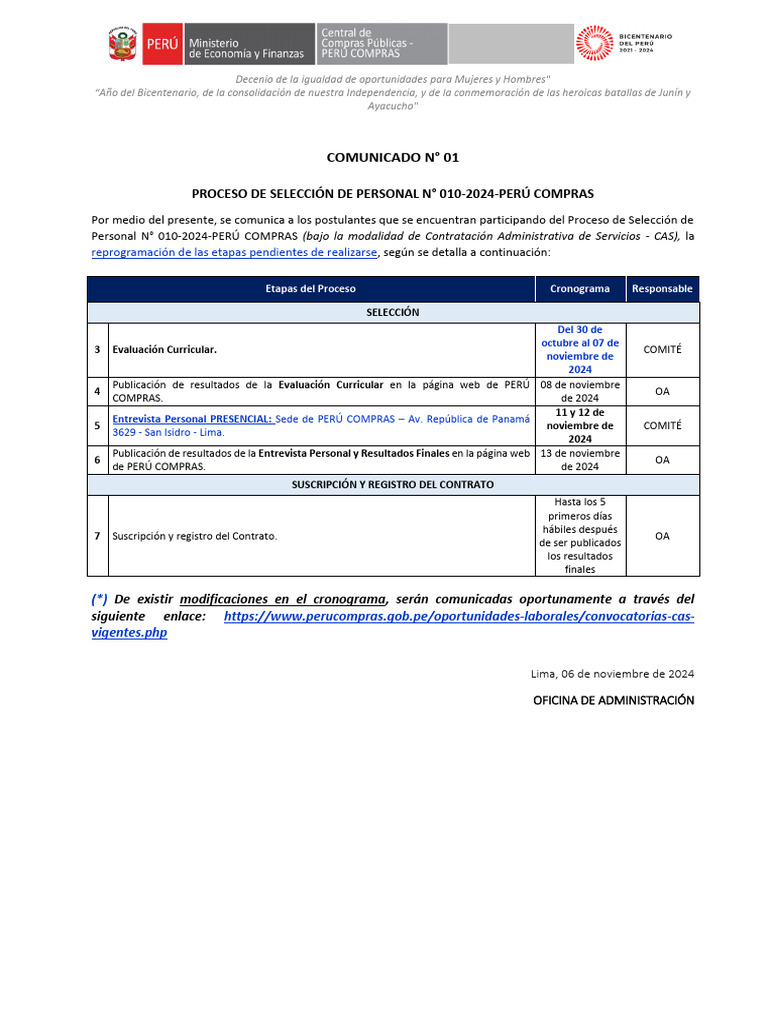 Comunicado N 01 Proceso Cas N 010 2024 | PDF