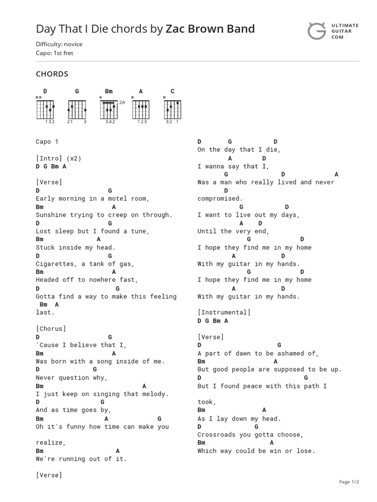 Day That I Die Chords by Zac Brown Bandtabs at Ultimate Guitar Archive ...