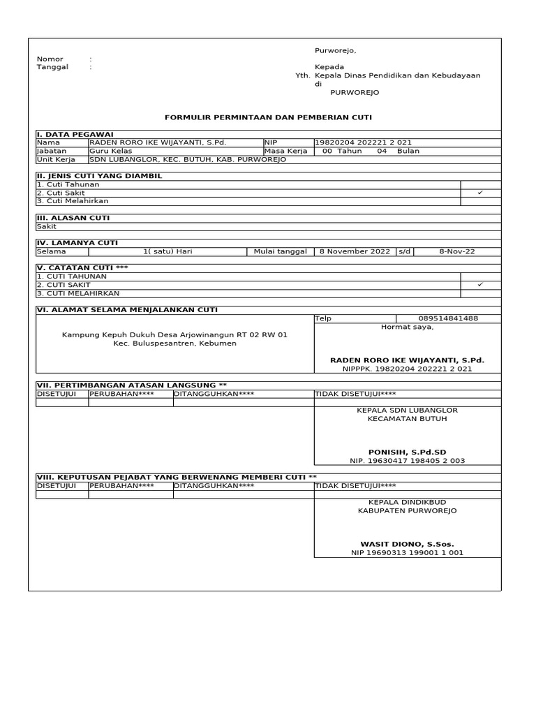FORM CUTI P3K CONTOH | PDF