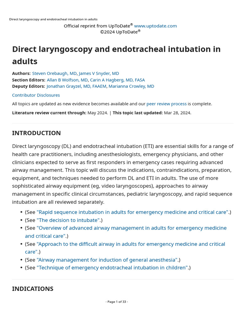 Direct Laryngoscopy and Endotracheal Intubation in Adults | PDF ...