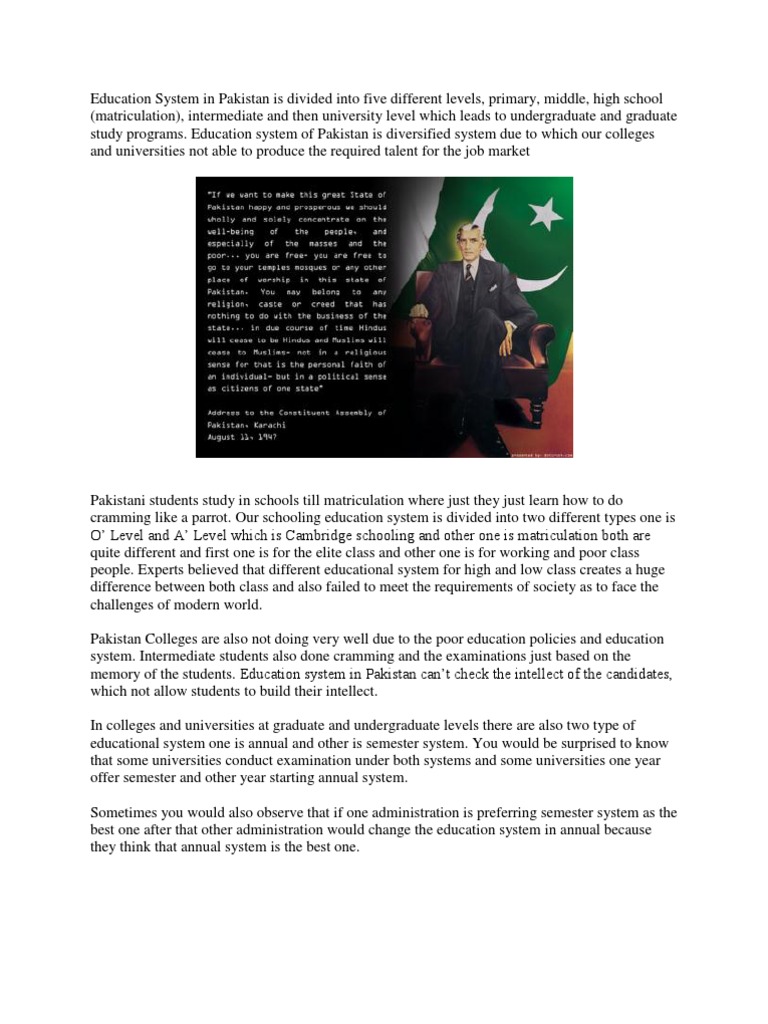 Education System in Pakistan Is Divided Into Five Different Levels ...