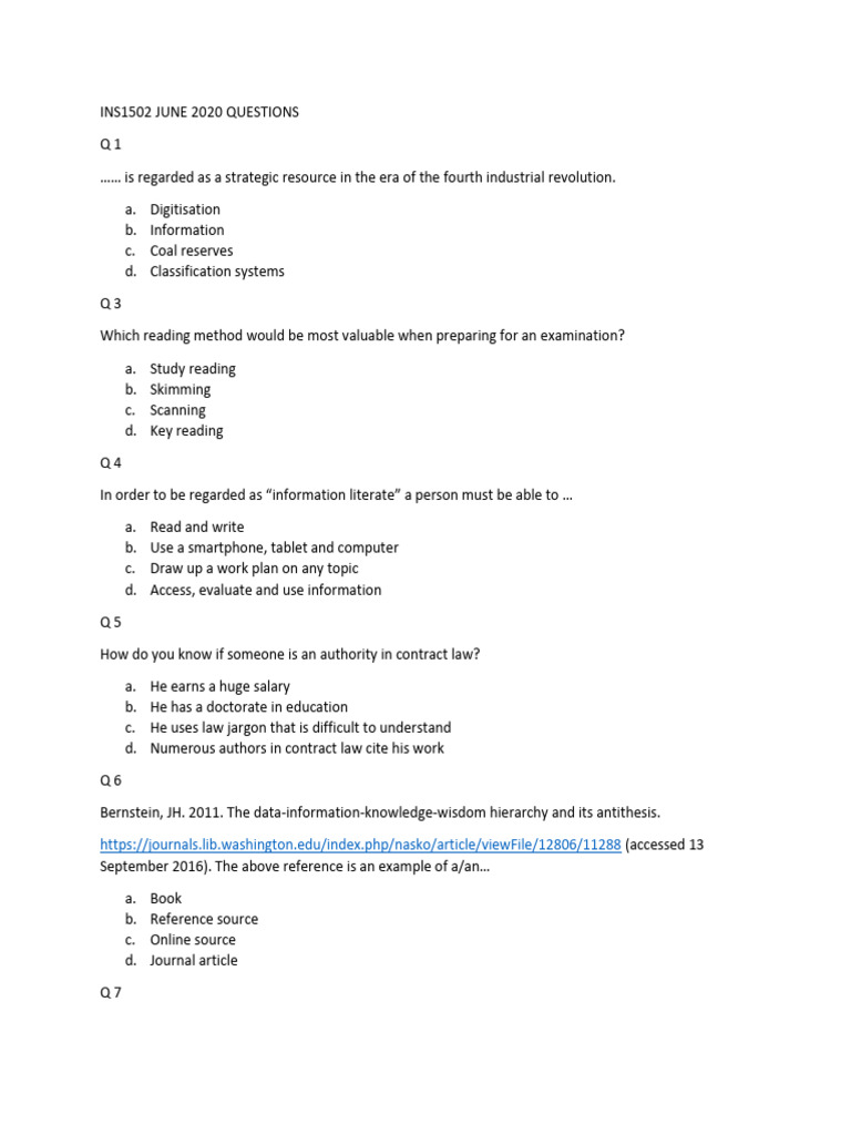 Ins1502 June 2020 Questions_014151 | PDF | Plagiarism | Information