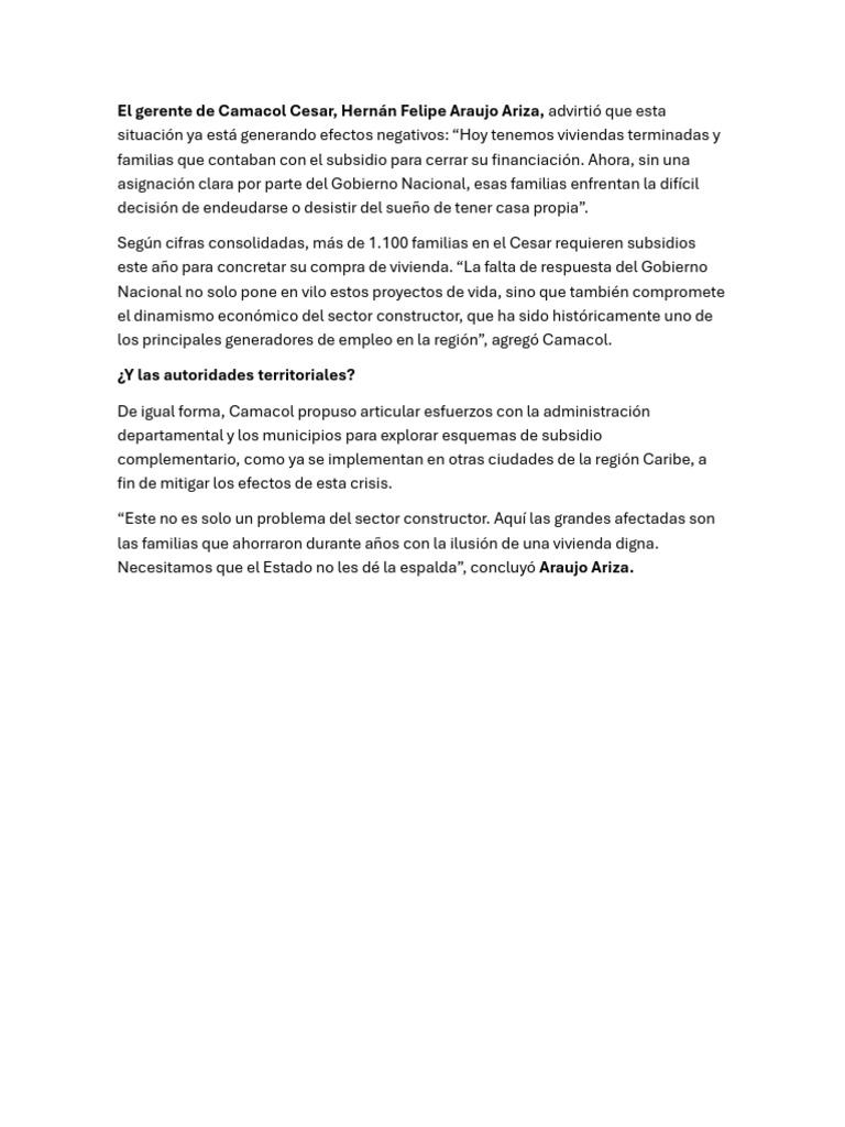 El Gerente de Camacol Cesar, Hernán Felipe Araujo Ariza | PDF