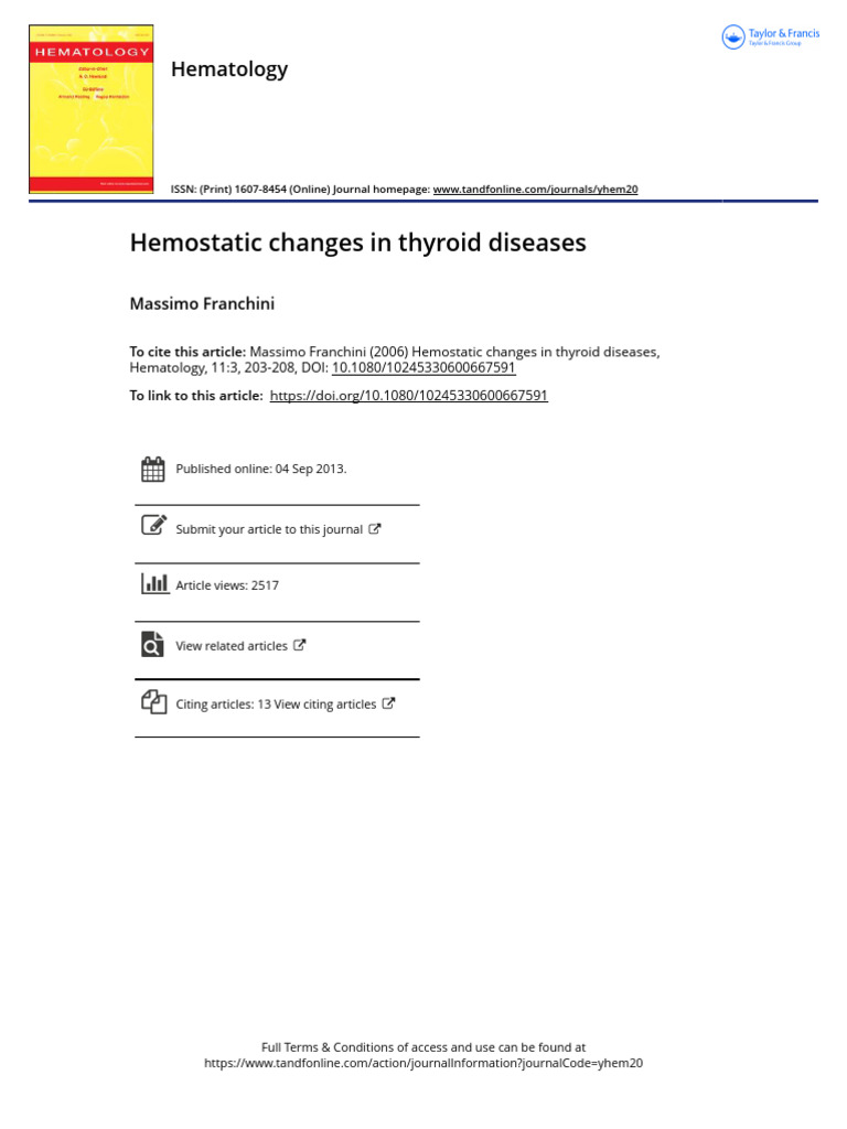 Hemostatic Changes in Thyroid Disorders | PDF | Hypothyroidism | Bleeding