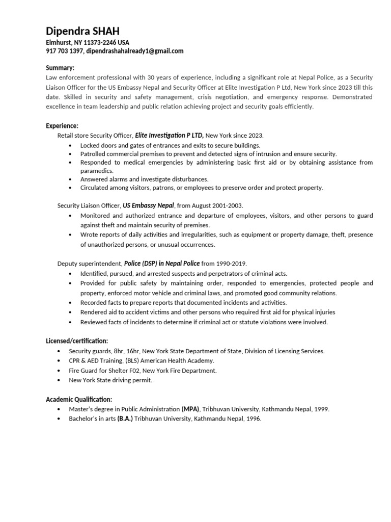 Dipendra Shah Resume 2024 | PDF | Police | Security Guard