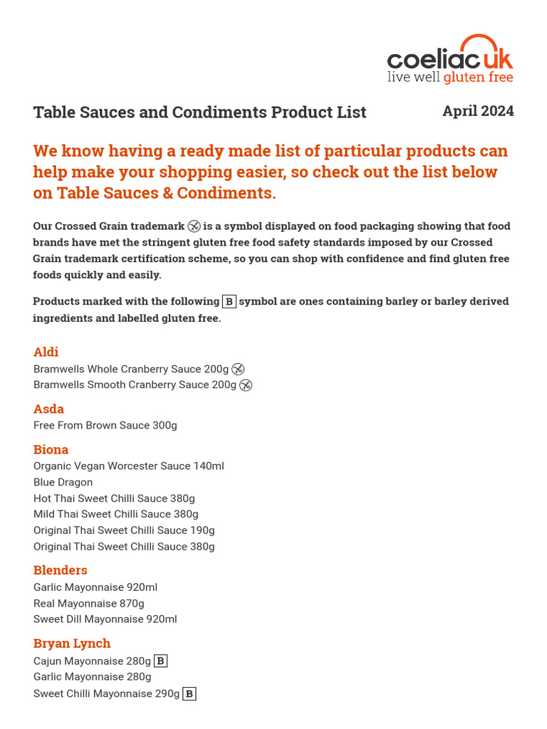 Coeliac Uk Product List Table Sauces and Condiments | PDF | Sauce ...