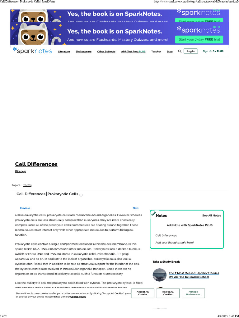 Cell Differences - Prokaryotic Cells - SparkNotes | PDF