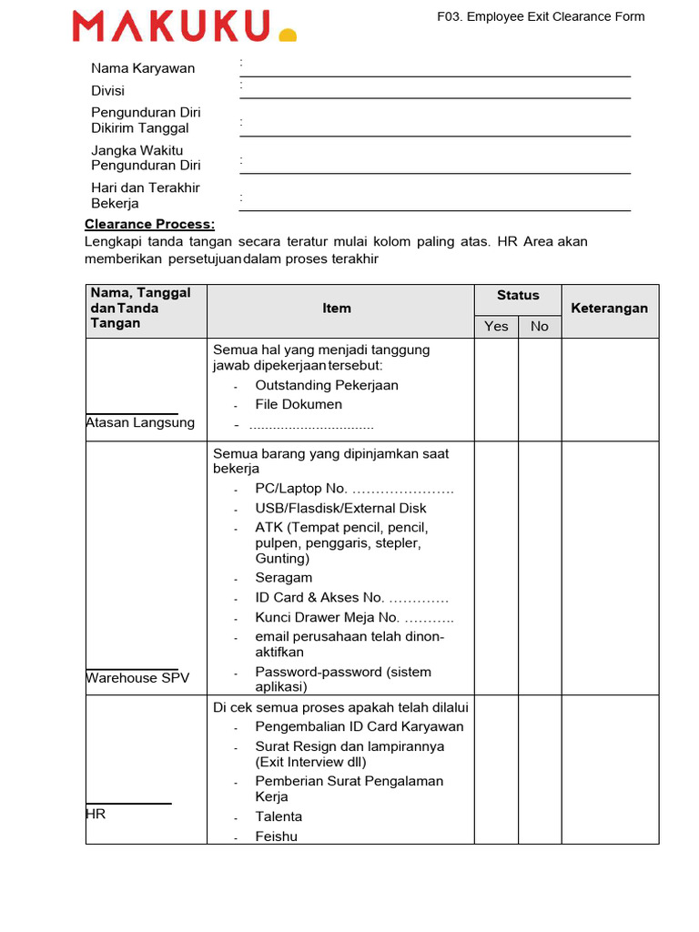 Formulir Clearance Karyawan Resign | PDF