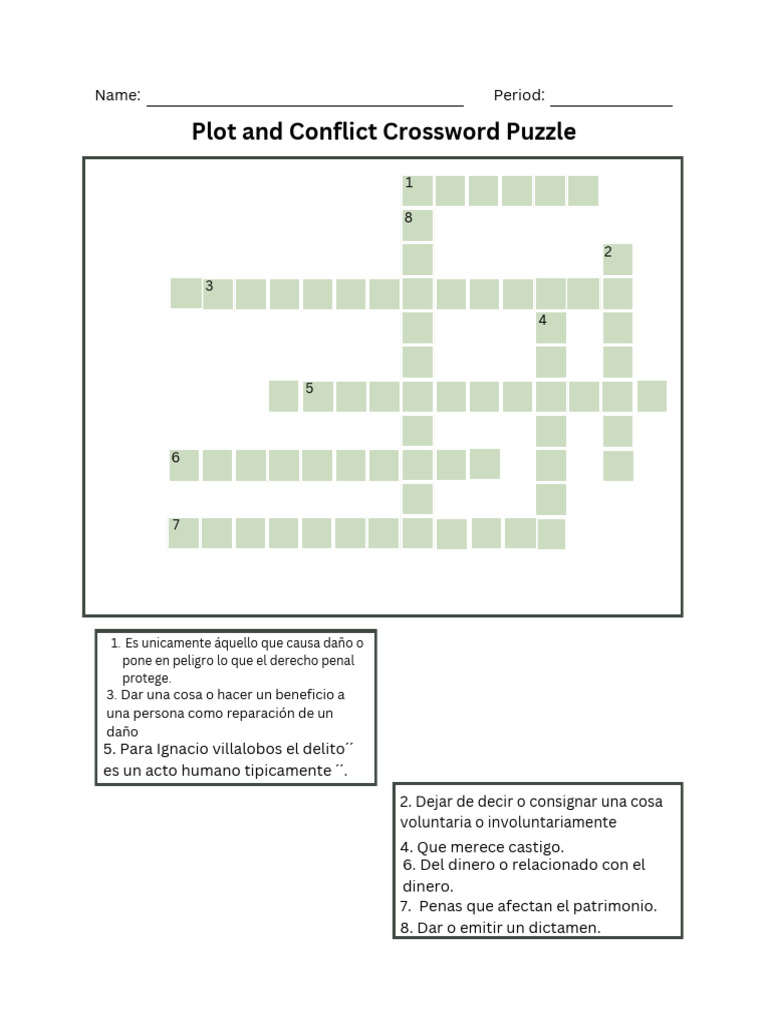 Green White Plot and Conflict Crossword Puzzle Worksheet | PDF