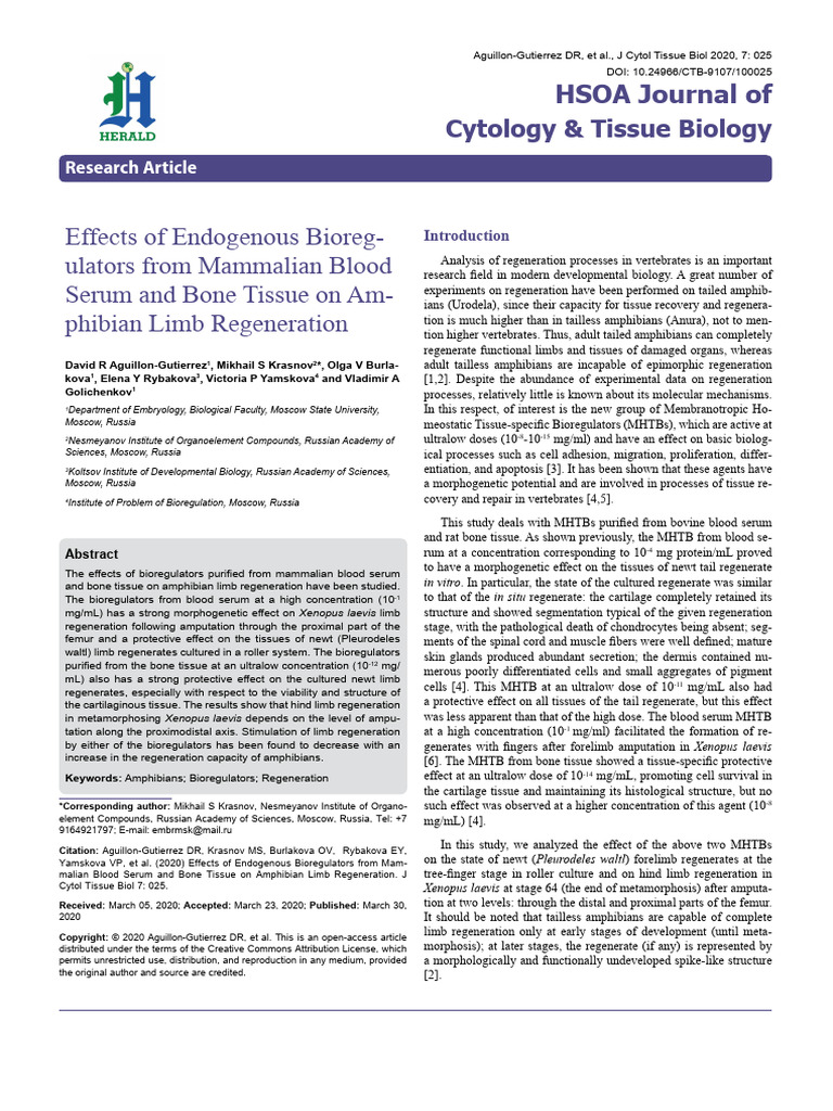 Aguillón. Bioregulators From Mammalian Blood Serum and Bone On Amphibian Limb Regeneration. J ...