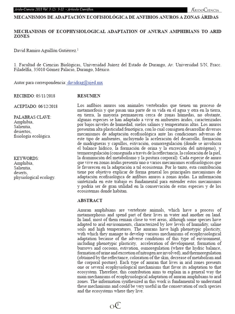 Aguillón. Ecofisiología de anfibios en zonas áridas. AridoCiencia. 2018 ...