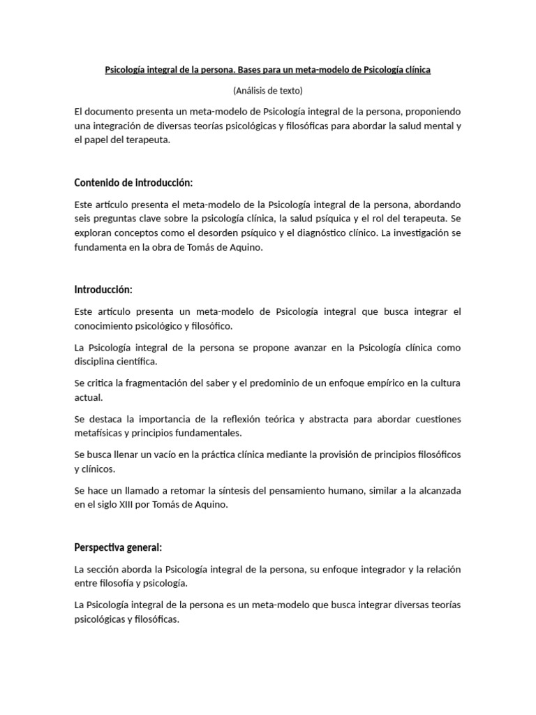 Psicología Integral de La Persona. Bases para Un Meta-Modelo de ...