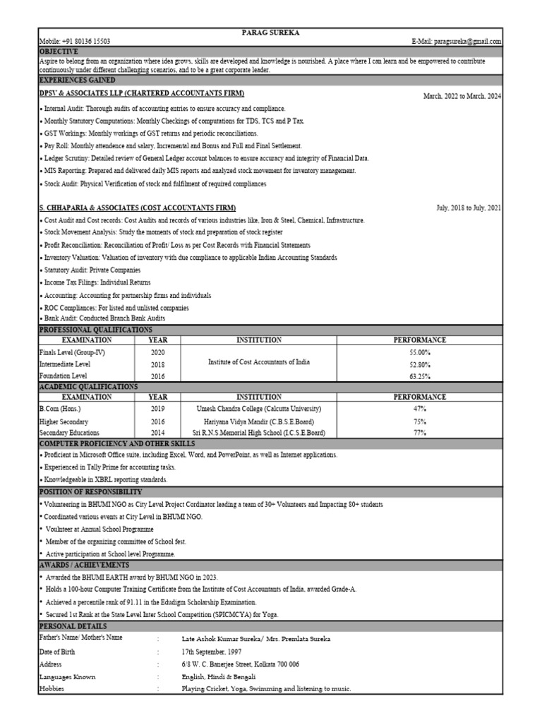 CV Parag Sureka | PDF | Audit | Accounting