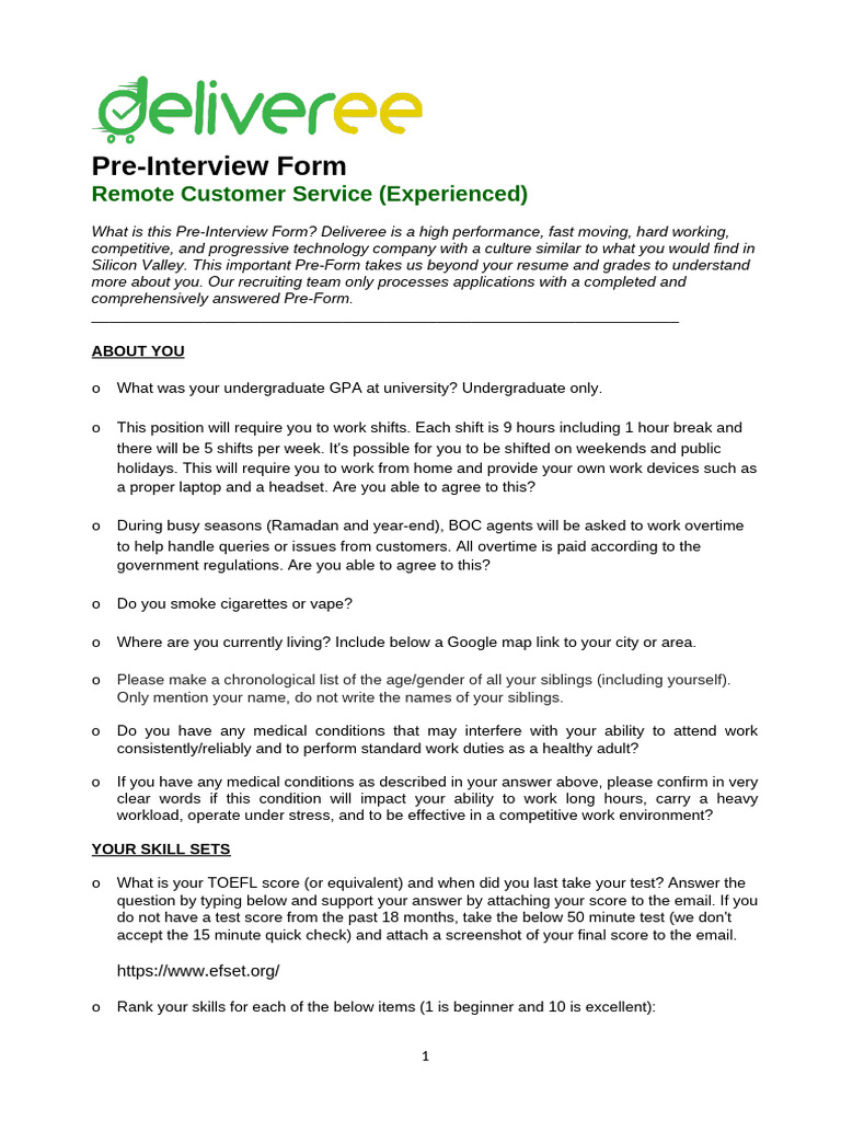 Deliveree Pre-Interview Questionnaire | PDF