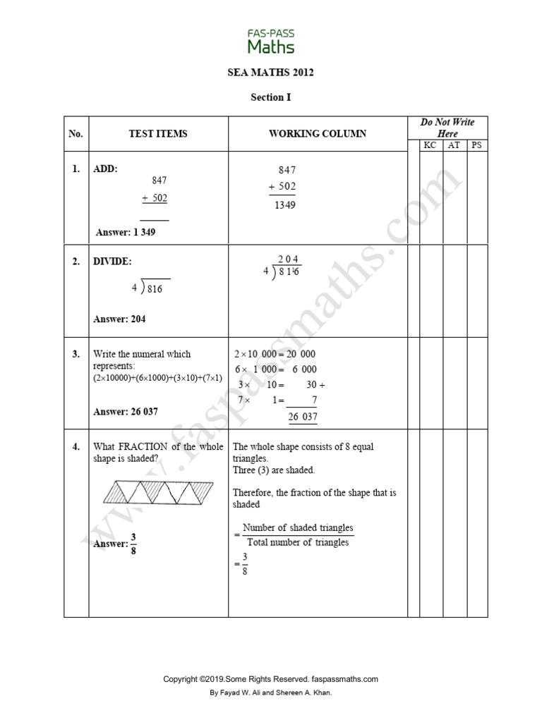 SEA Maths 2012 Past Paper Solutions | PDF | Angle | Triangle