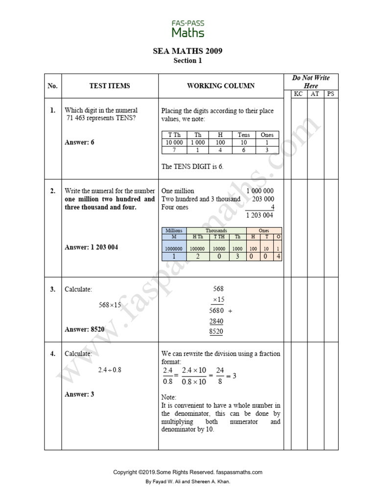 SEA Maths 2009 Past Paper Solutions | PDF | Area | Volume
