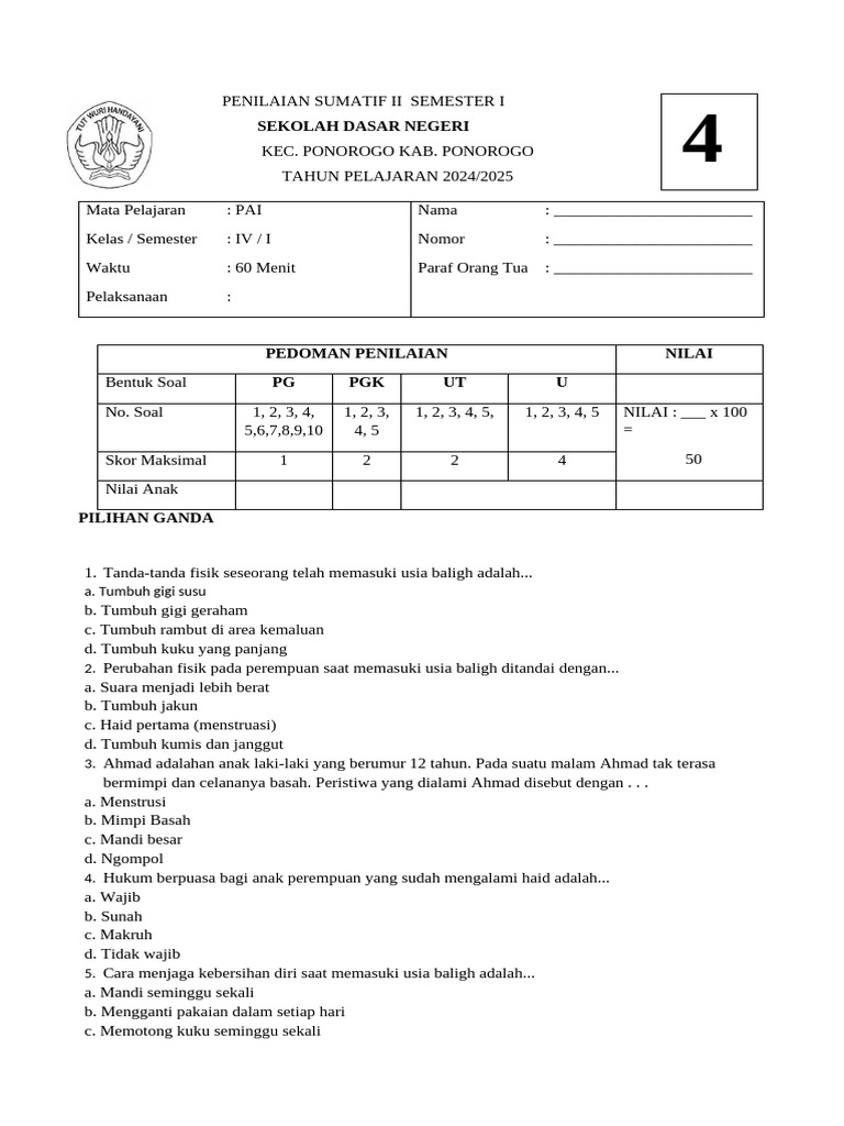 PENILAIAN SUMATIF II SEMESTER I Edit | PDF