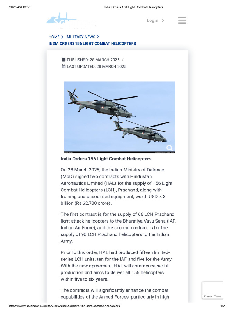India Orders 156 Light Combat Helicopters | PDF | Rotorcraft | Aviation