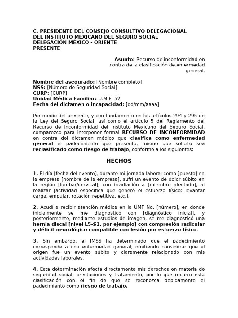 Modelo Recurso de Inconformidad IMSS | PDF | Medicina