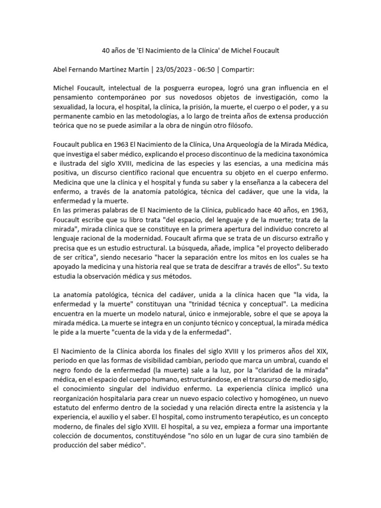 40 años de 'El Nacimiento de la Clínica' de Michel Foucault | PDF ...