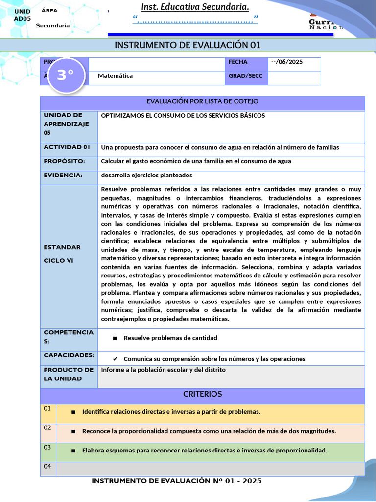 Instrumento S1 (U5) (3° Grado) - MATEMÁTICA | PDF | Matemáticas