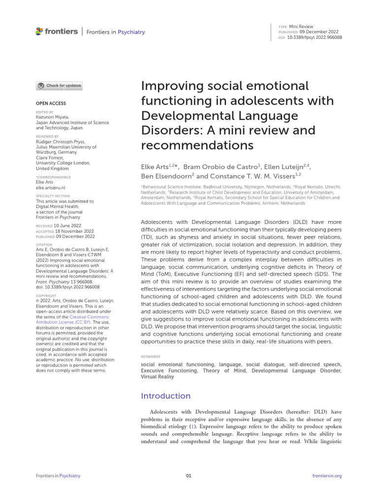 Improving Social Emotional Functioning in Adolescents With ...
