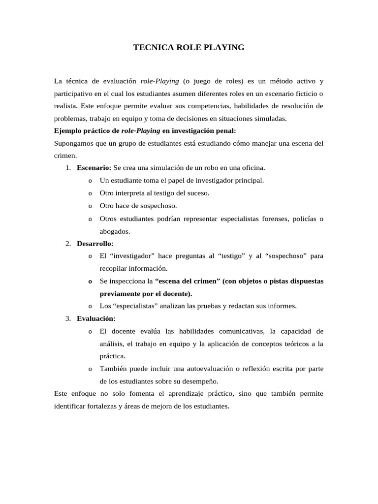 Tecnica Role Playing Investigacion Penal | PDF | Evaluación | Simulación