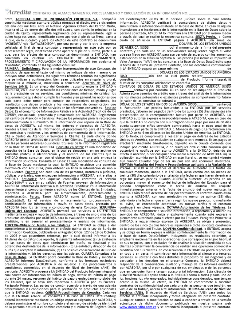 Contrato - Datacrédito Ecuador masivos arreglo de formato Rev 28092010 | PDF | Arbitraje | Bases ...