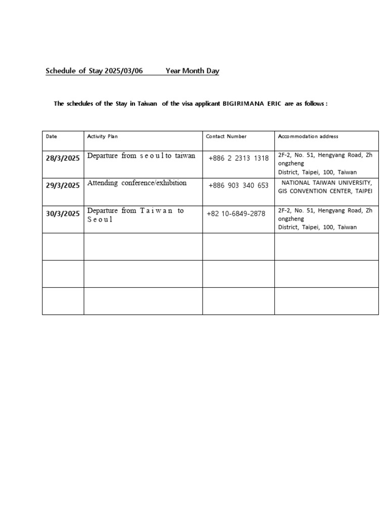 Schedule of Stay Taiwan (ALBERT | PDF