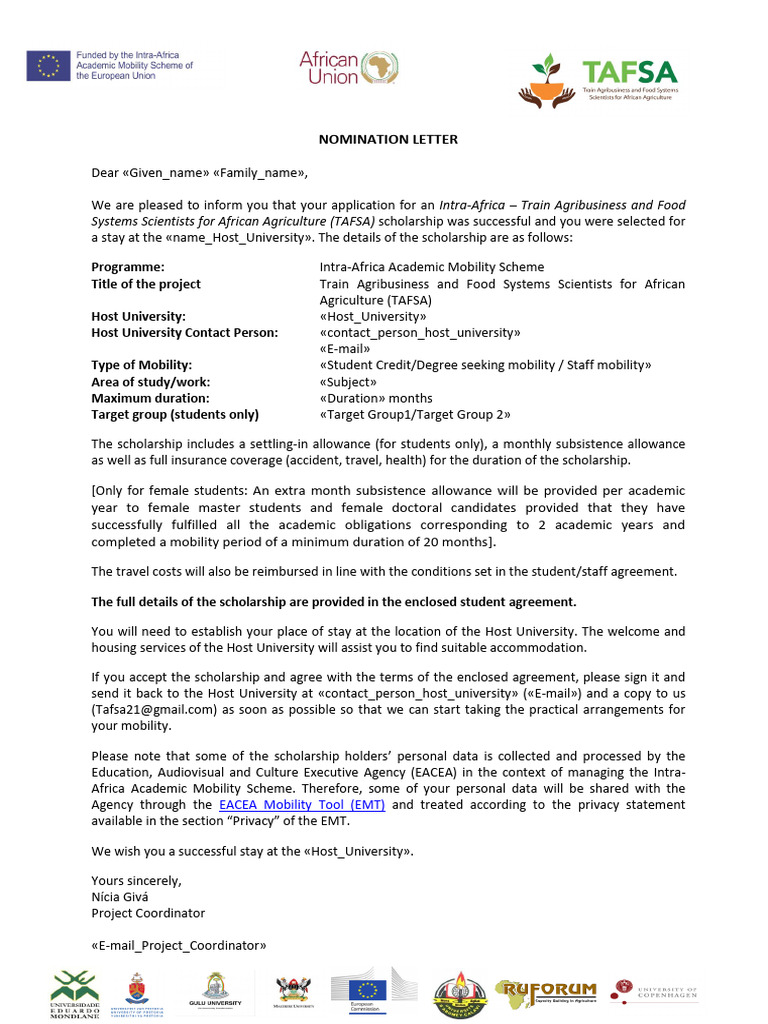 TAFSA Scholarship Nomination Letter | PDF | Insurance | Euro