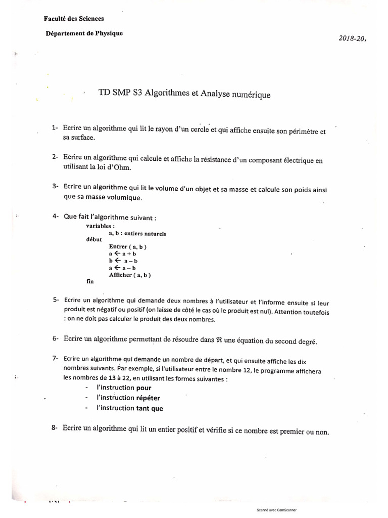 Corrigé .Td. Algorithme et analyse numérique ayoub skitioui | PDF