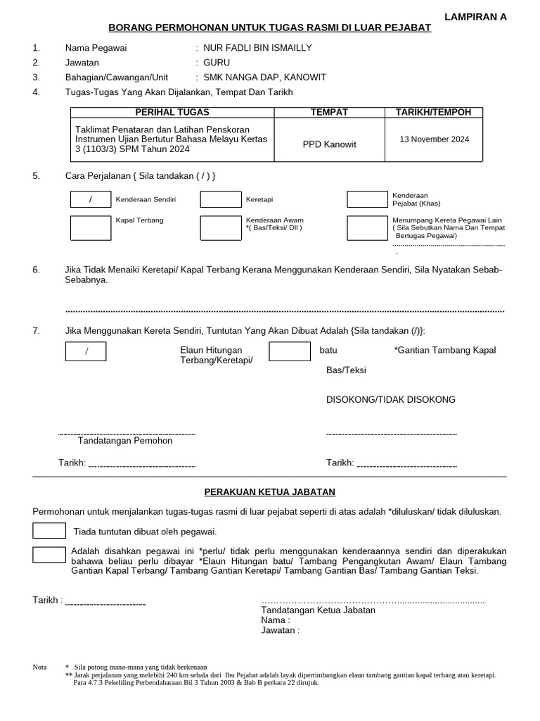 BORANG A Tugas Rasmi Luar Pej PEGAWAI | PDF