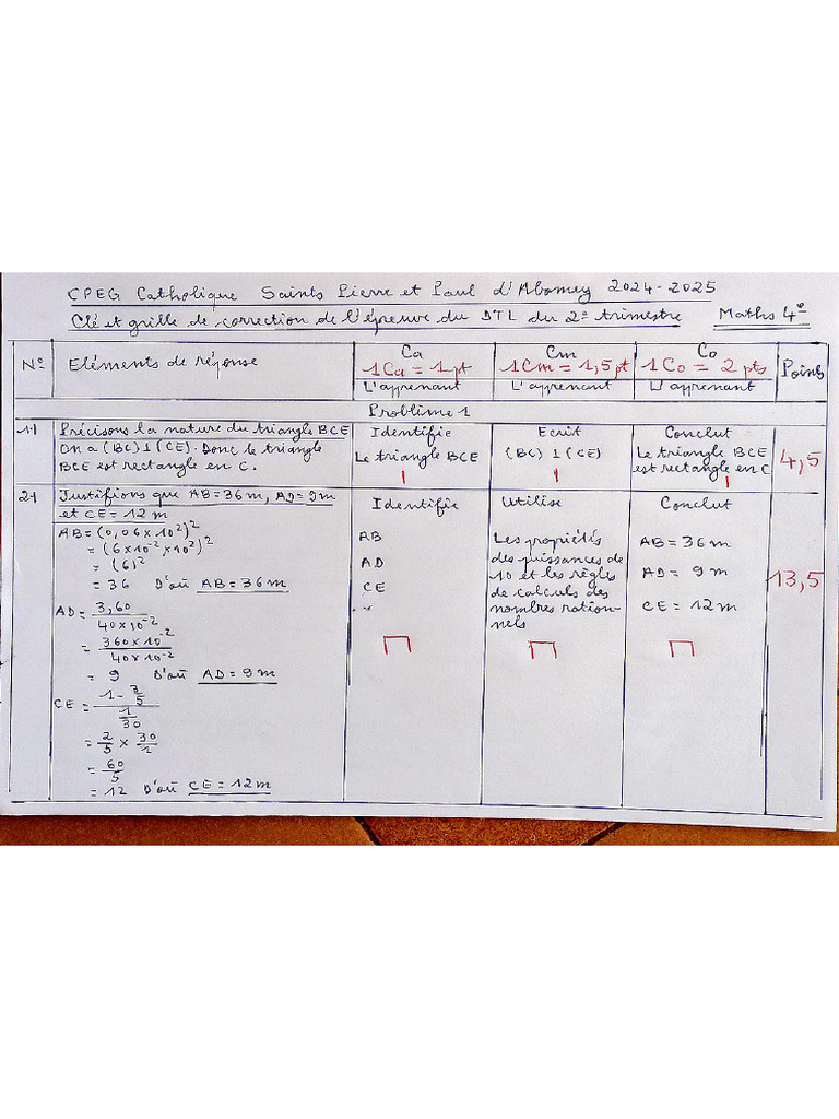 Clé Et Grille DTL 2 Maths 4è Sts PP | PDF