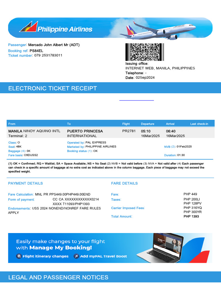 Philippine Airlines Electronic Ticket Receipt | PDF