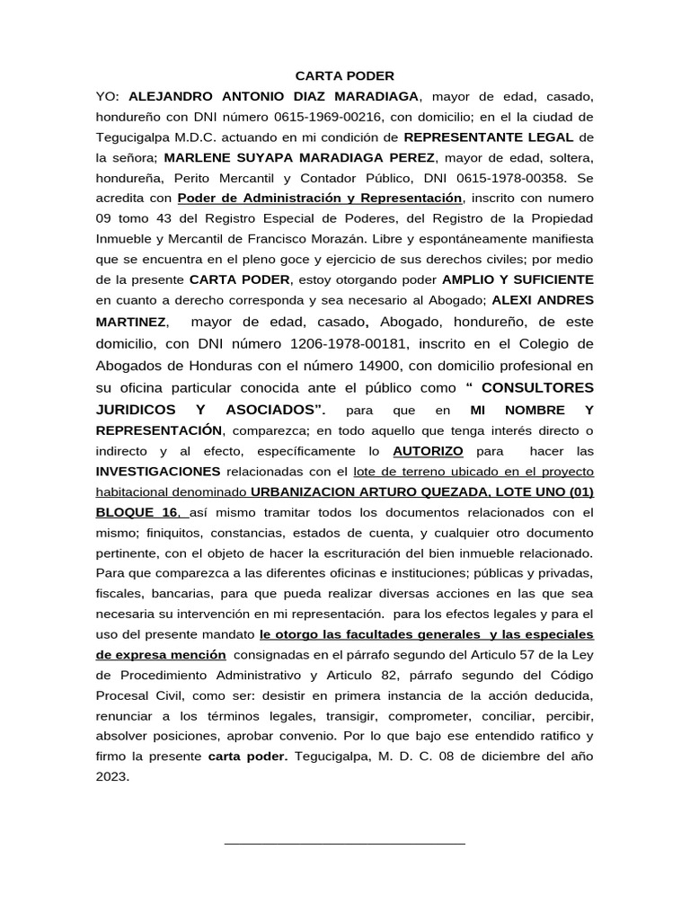 Carta Poder para Representación Legal | PDF | Honduras | Gobierno