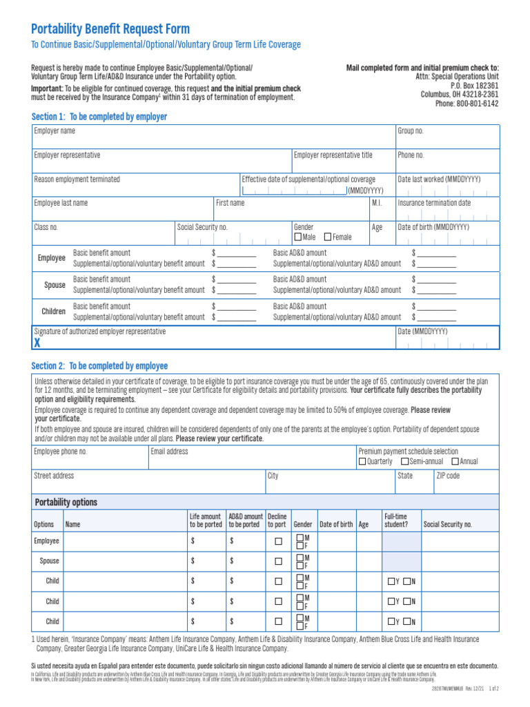 CA Portability Benefit Request PRT FR - 02.2022 | PDF | Life Insurance ...