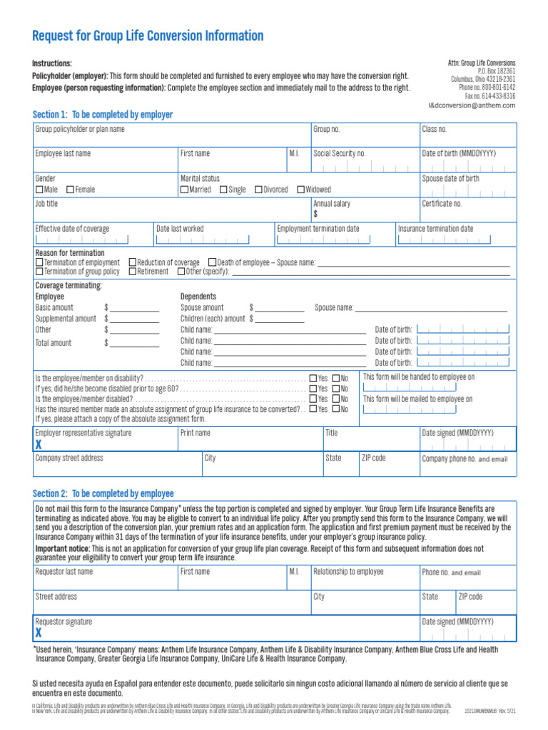 Group Life Insurance Conversion Request Form | PDF | Employment | Insurance