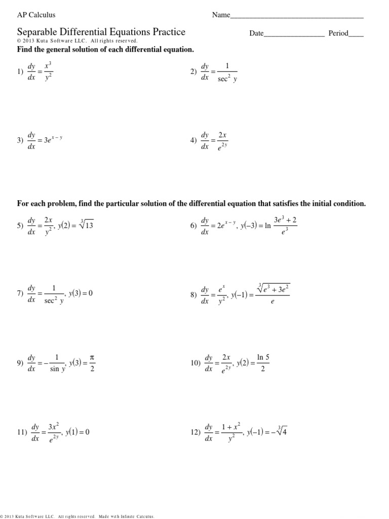 ap_calculus_-_separable_differential_equations_practice_organized | PDF ...