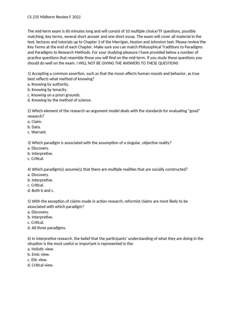 CS 235 Midterm Review F 2022 | PDF | Paradigm | Methodology
