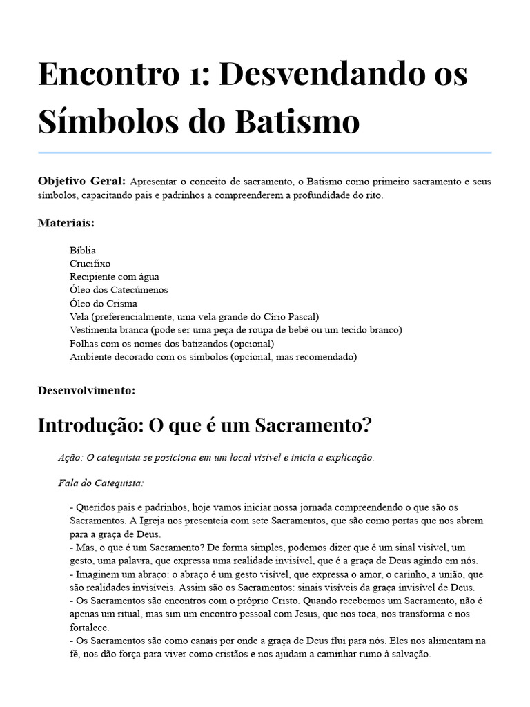 Encontro 1_ Desvendando os Símbolos do Batismo - Catequista | PDF ...