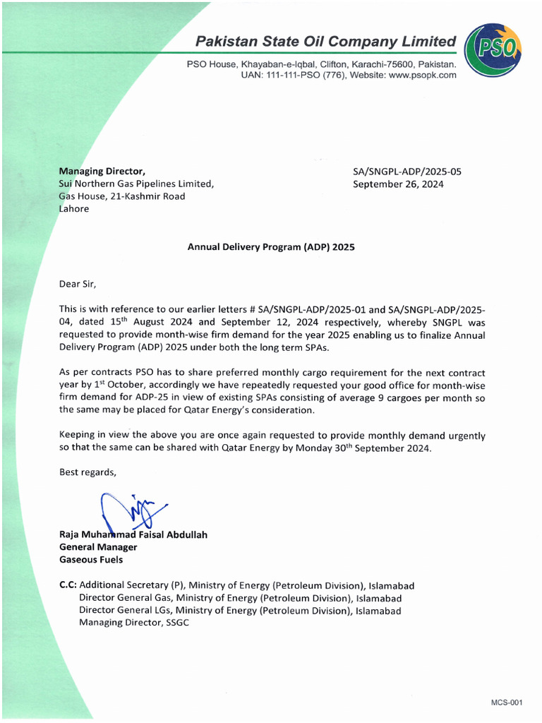 26.09.2024 Letter To SNGPL For LNG Demand For ADP 2025 | PDF