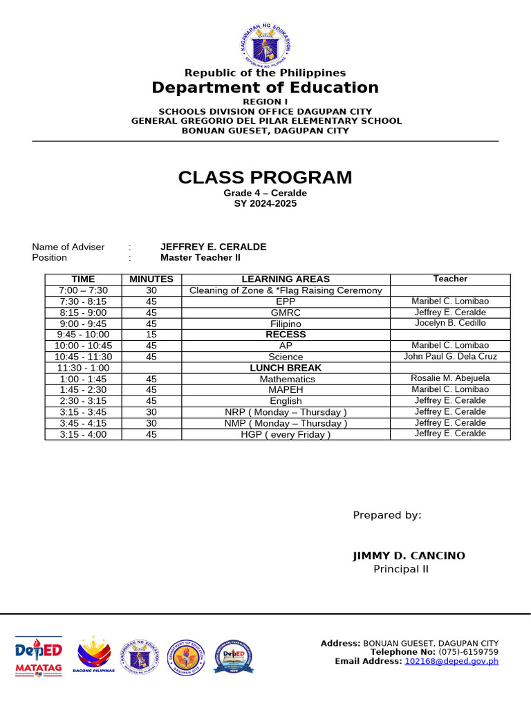 Class Program Grade 4 2024 2025 | PDF | Social Institutions | Philippines