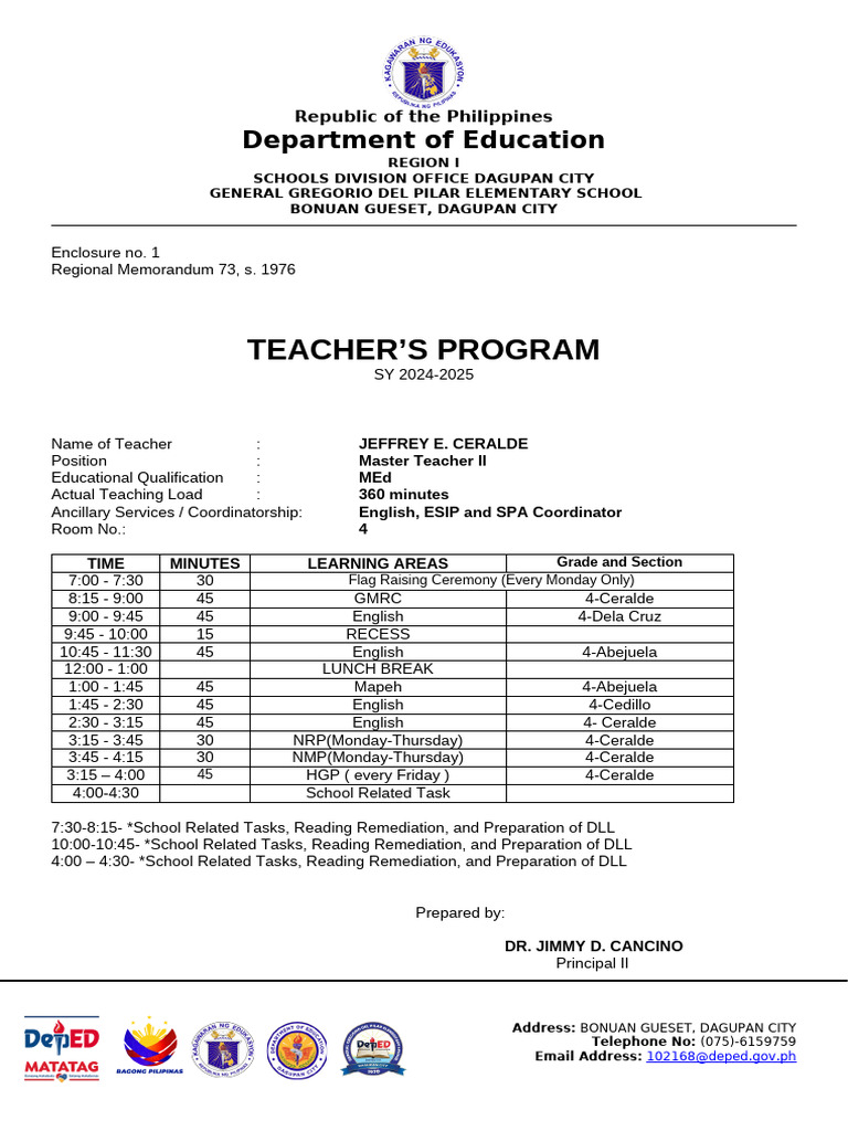 Teachers Program Grade 4 2024 2025 | PDF | Philippines | Schools