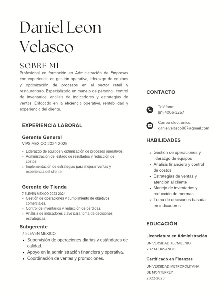 CV de Daniel Velasco: Gerente General | PDF | Liderazgo | Economias