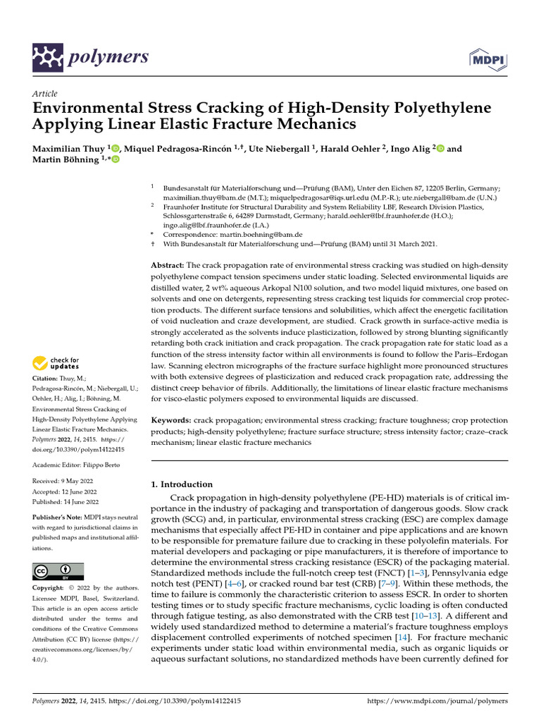 Environmental Stress Cracking of HDPE Applying LEFM Thuy Et Al 2022 ...